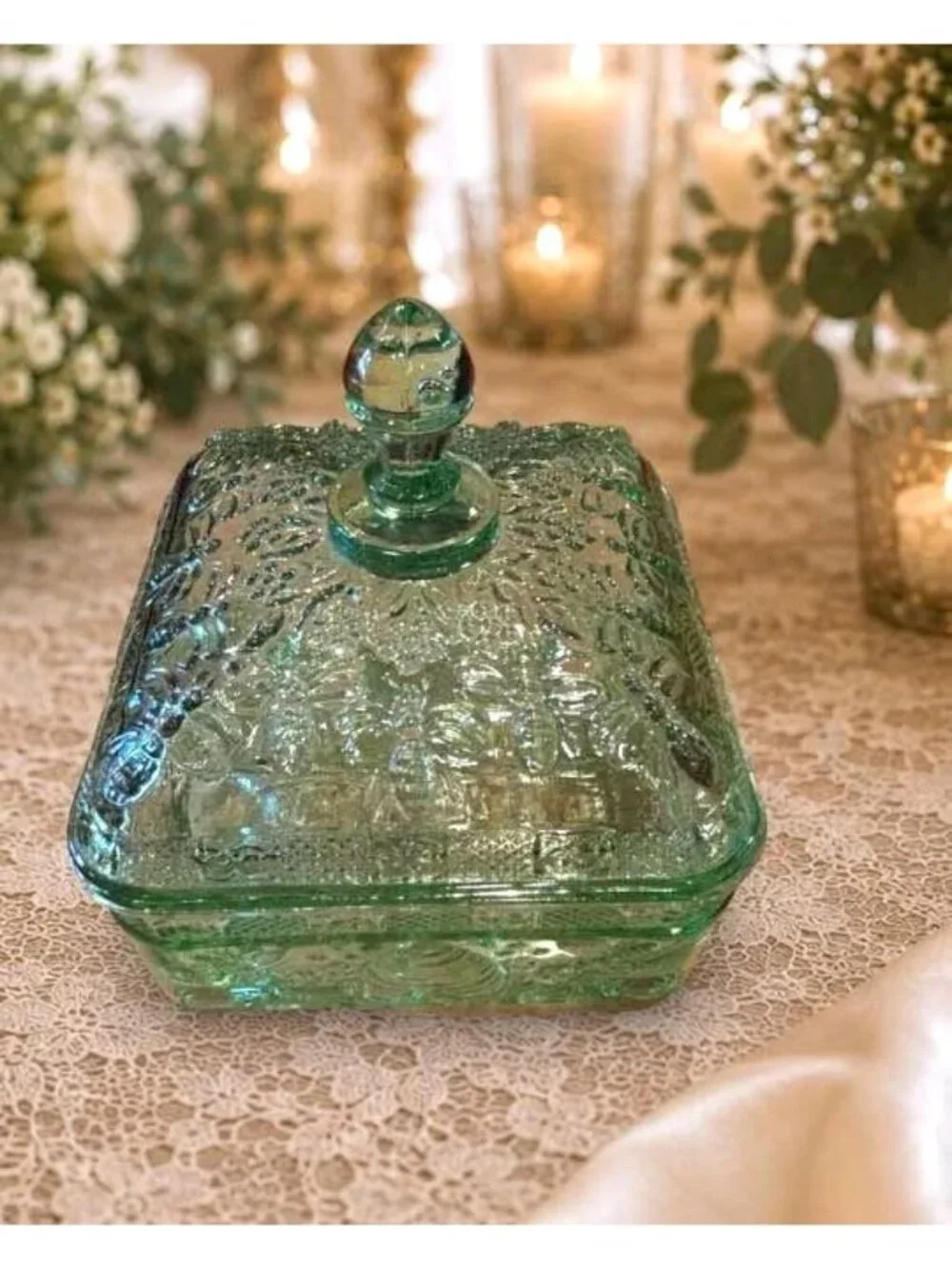 Indiana Glass Tiara | Accents | Vintage Tiara Chantilly Green Bee Box ...